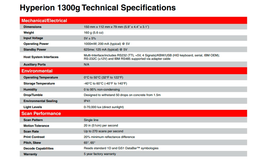 Honeywell Hyperion 1300G Barcode Scanner wUSB Cable